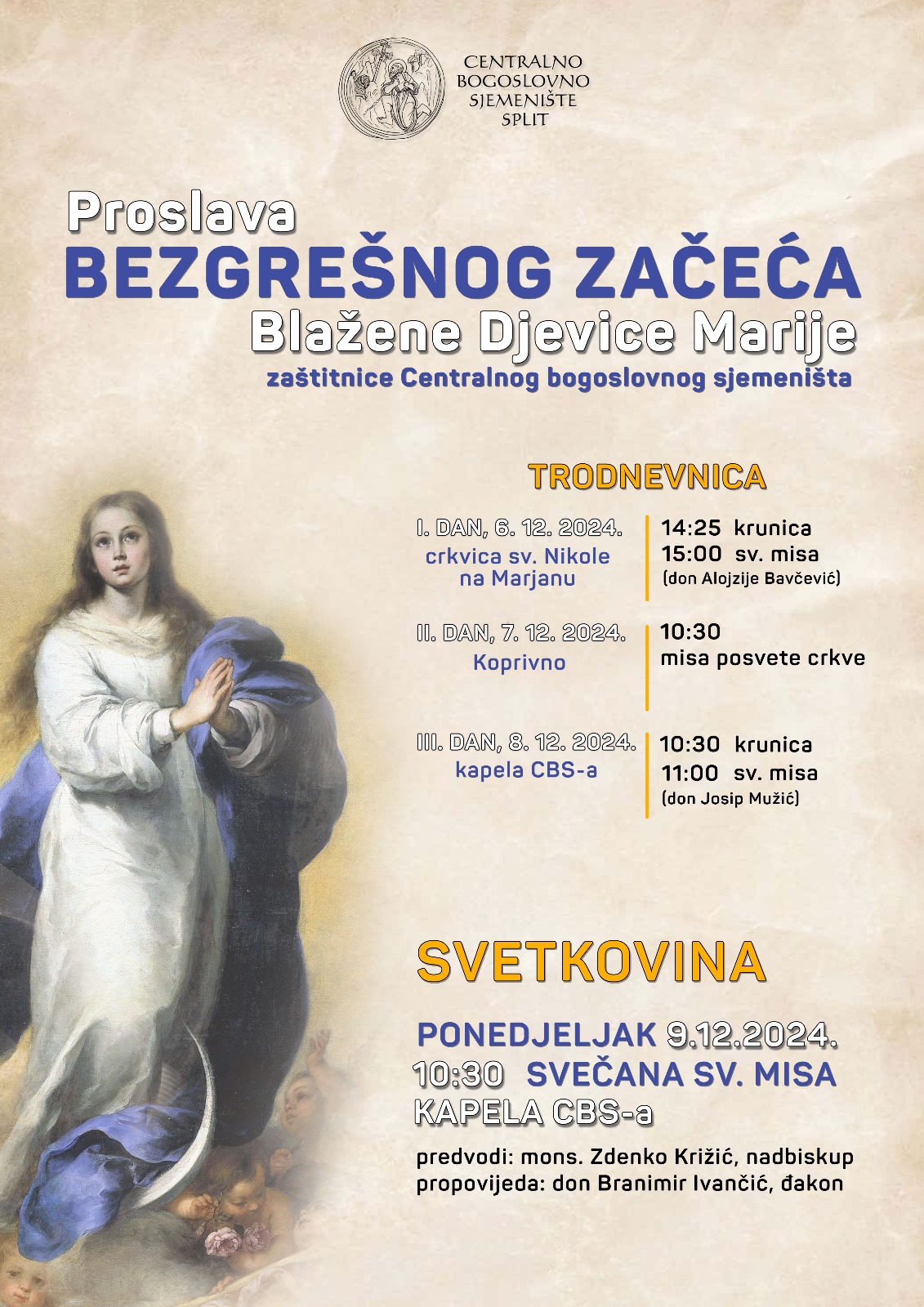 Raspored proslave svetkovine Bezgrešnog začeća Blažene Djevice Marije ...